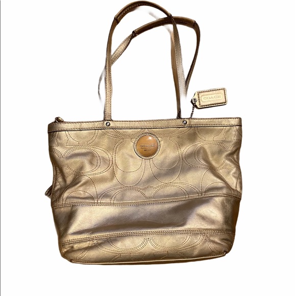 Coach | Bags | Coach Gold Leather Monogrammed Shoulder Bag | Poshmark